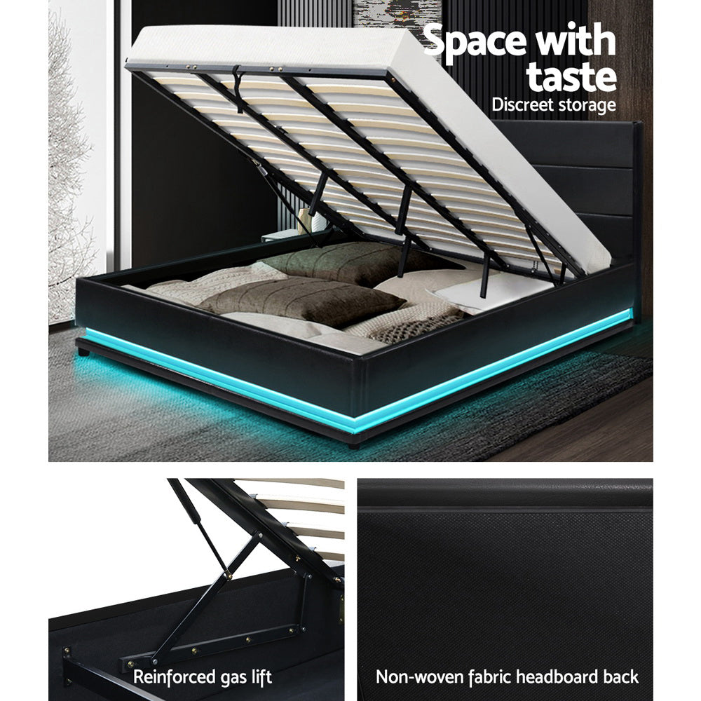 LUMI King Bed Frame LED Gas Lift Storage Black