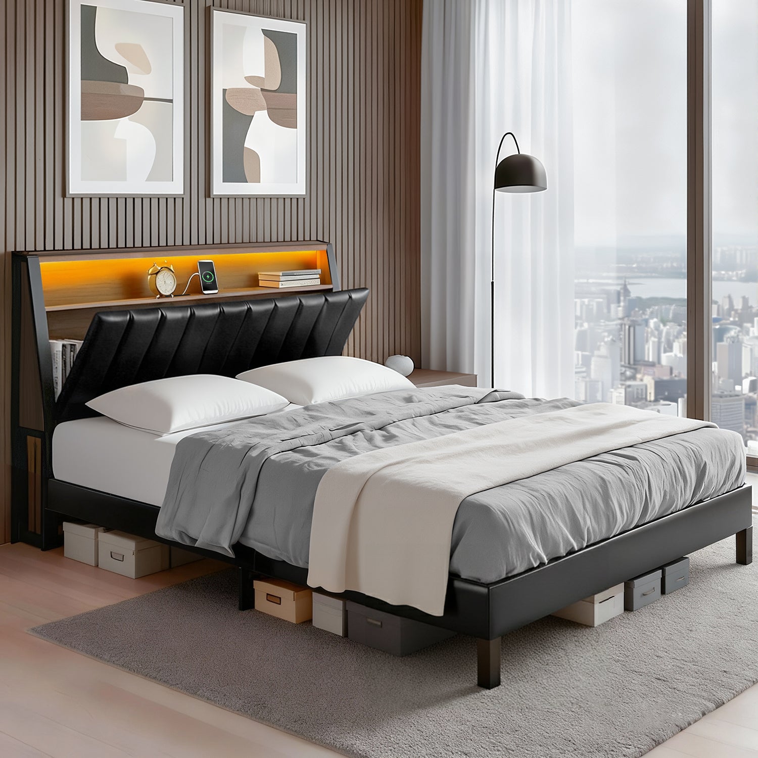 Artiss Queen Bed Frame LED Storage Headboard with Charging Station Bla