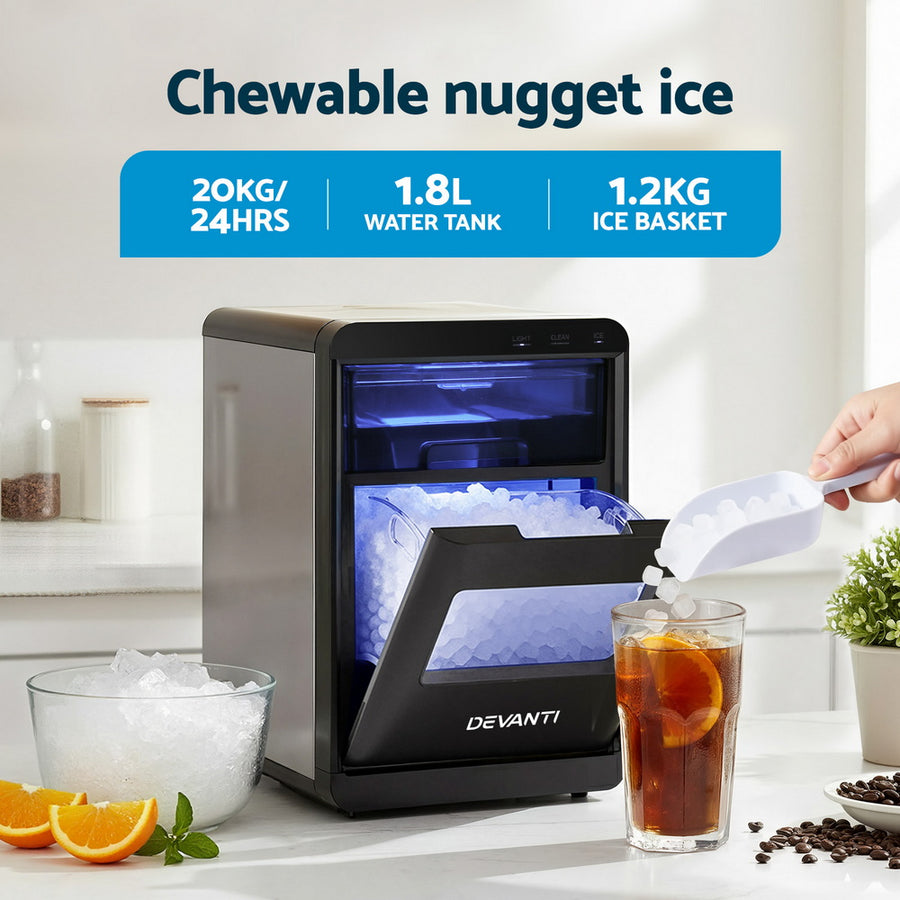 Devanti Ice Maker Machine 20kg Chewable Nugget Ice Countertop w/Self C