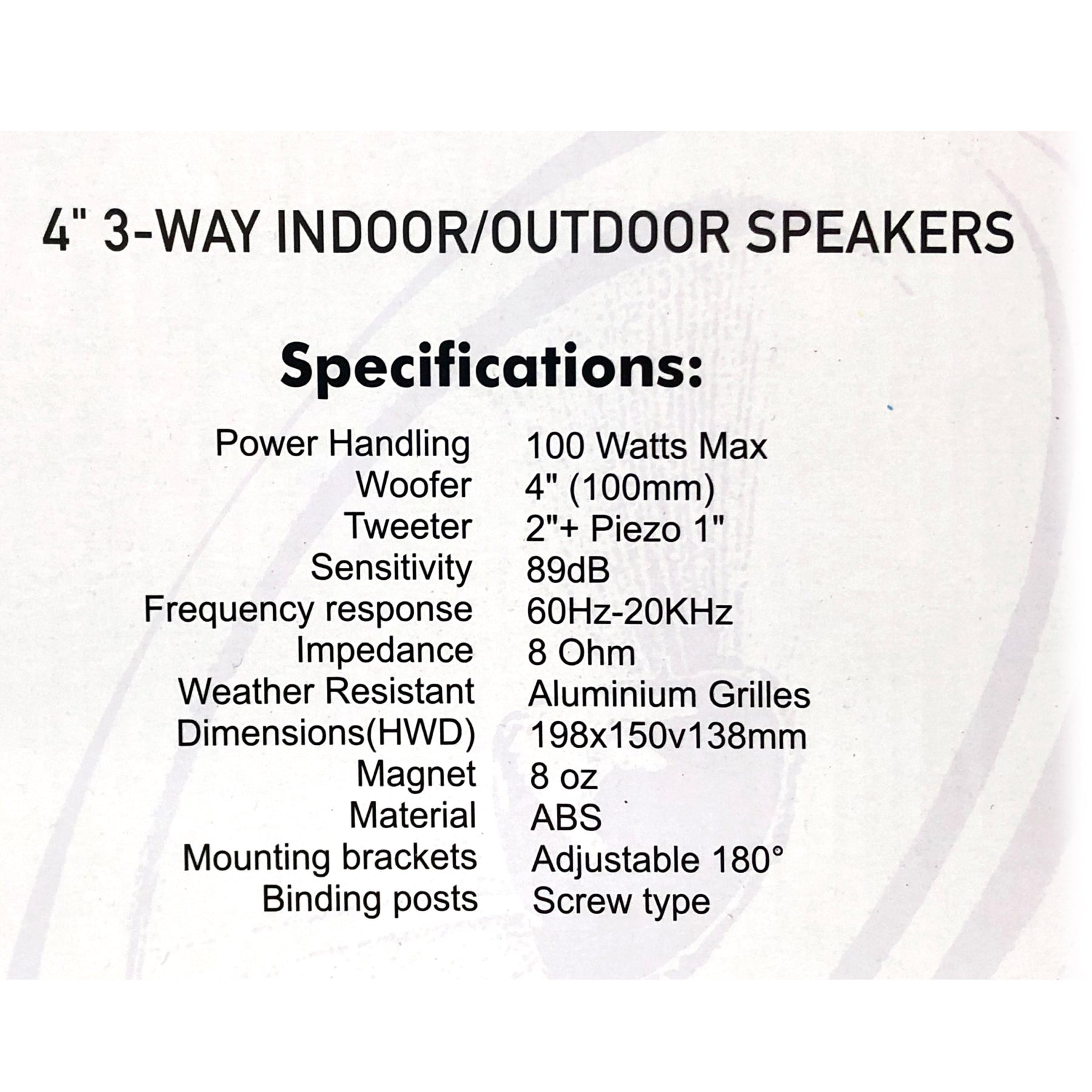 Weather Resistant 3-Way 4" Speakers Pair, Indoor Outdoor, Audioline