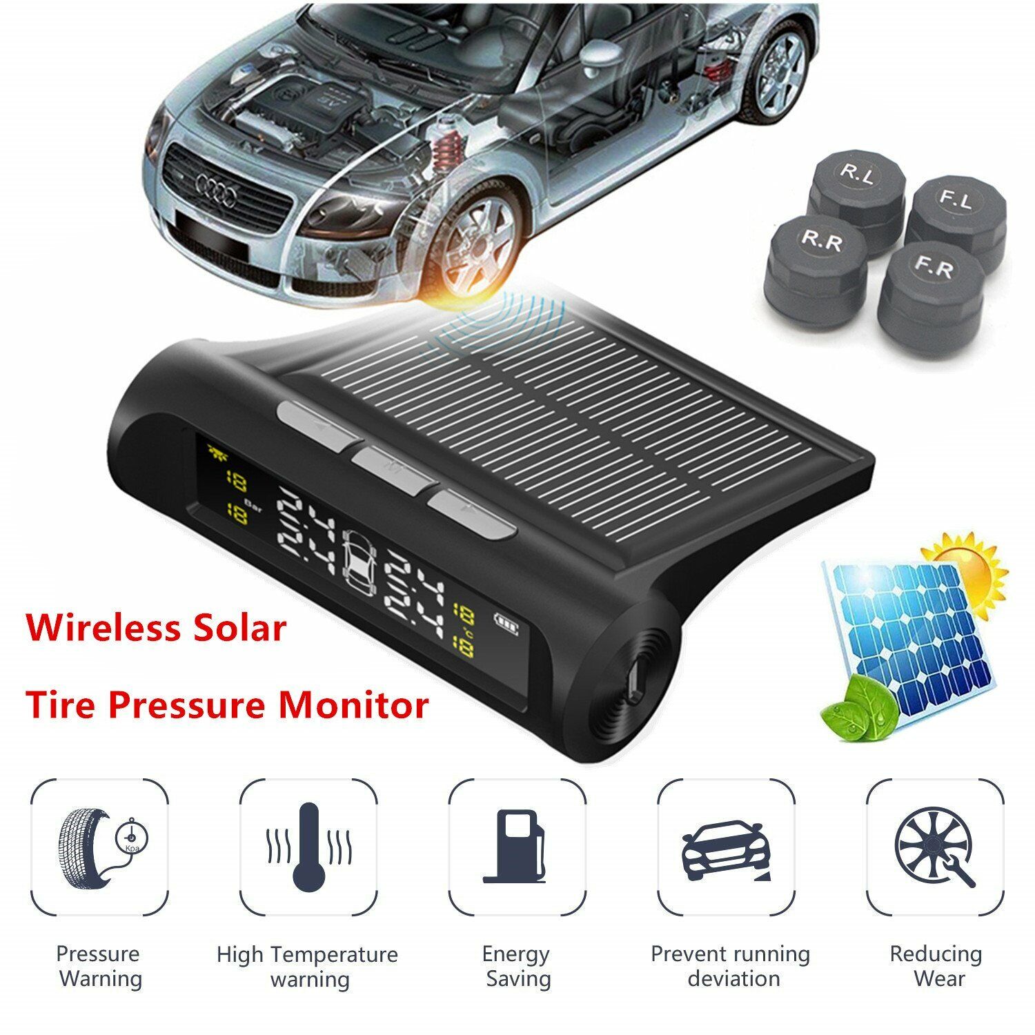 4 Sensor Solar Wireless TPMS Car Tire Tyre Pressure System Monitoring