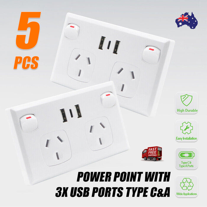 5PCS Double Power Point Dual USB+Type-C GPO Fast Charge 3.6 amp Wall O