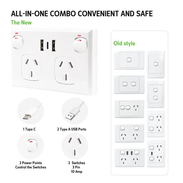 5PCS Double Power Point Dual USB+Type-C GPO Fast Charge 3.6 amp Wall O
