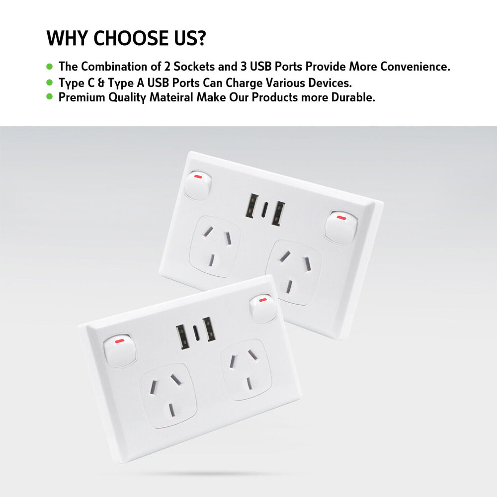 5PCS Double Power Point Dual USB+Type-C GPO Fast Charge 3.6 amp Wall O
