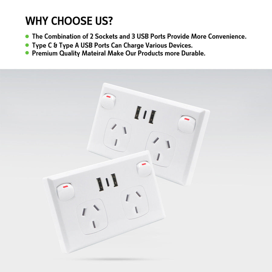 5PCS Double Power Point Dual USB+Type-C GPO Fast Charge 3.6 amp Wall O