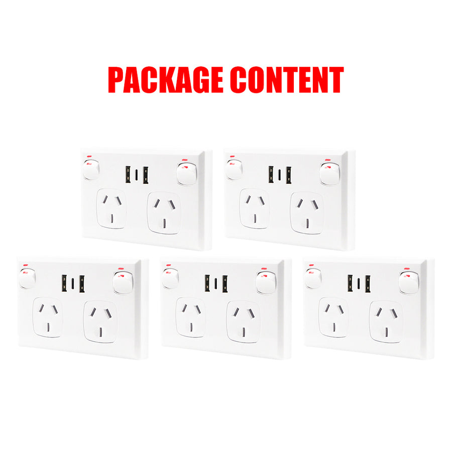 5PCS Double Power Point Dual USB+Type-C GPO Fast Charge 3.6 amp Wall O