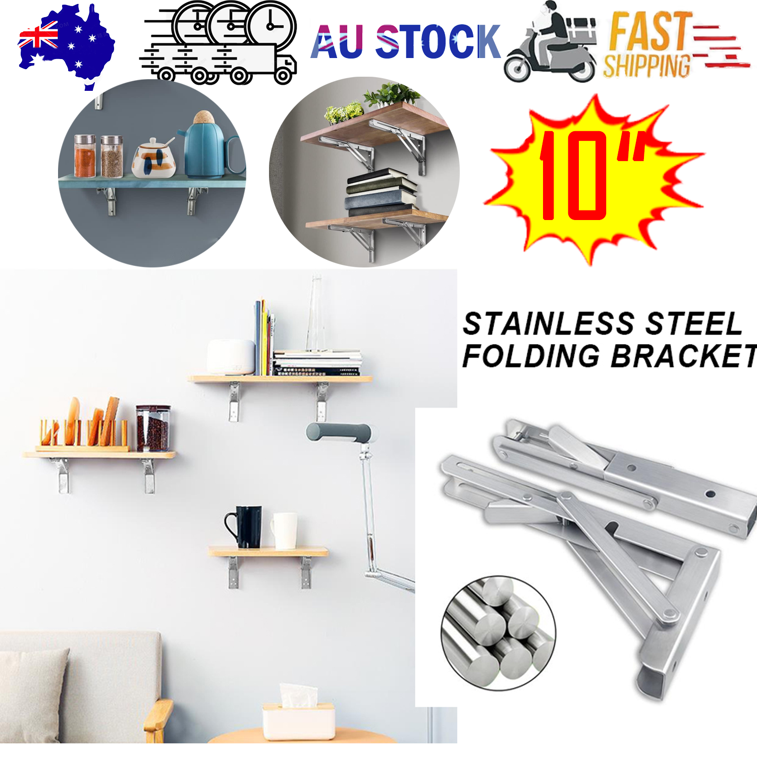 10"Stainless Steel Folding Table Bracket Shelf Bench 200kg Load Heavy