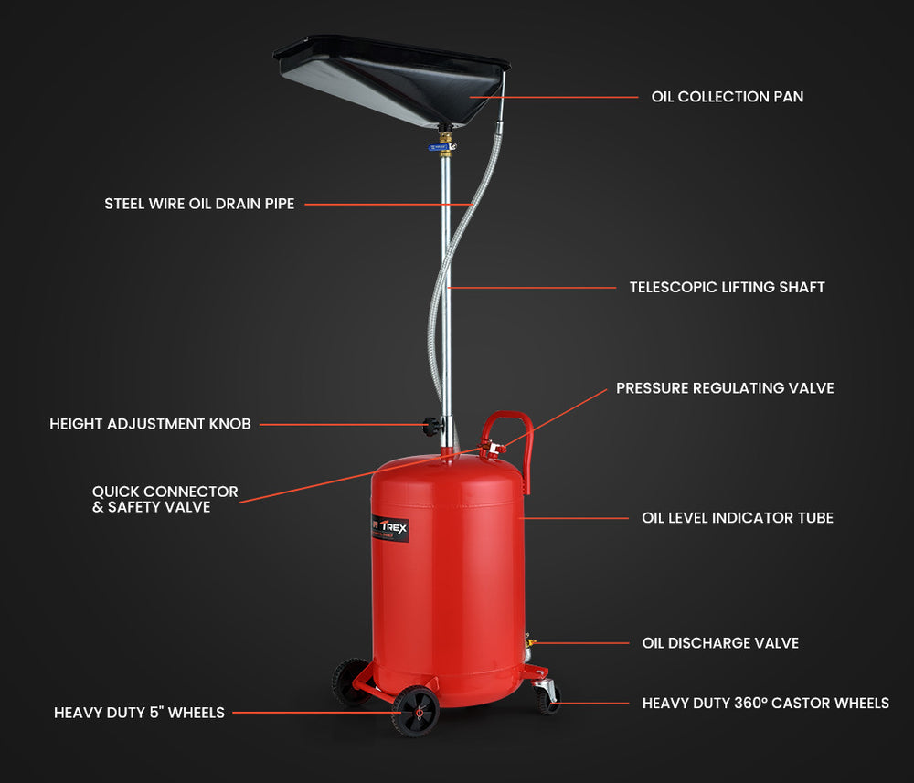 T-REX 80L Mobile Waste Oil Drainer, Telescopic, with Air Compressor Fi