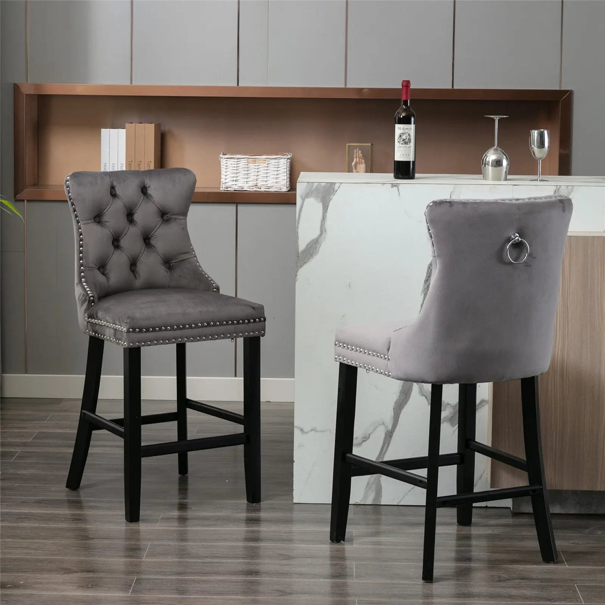 2X Velvet Bar Stools with Studs Trim Wooden Legs Tufted Dining Chairs