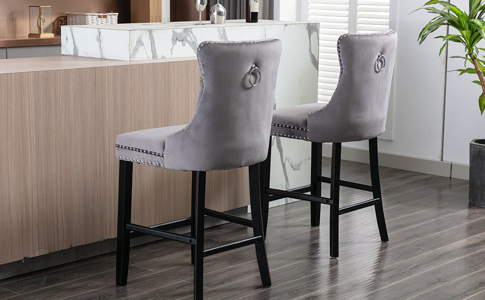 2X Velvet Bar Stools with Studs Trim Wooden Legs Tufted Dining Chairs