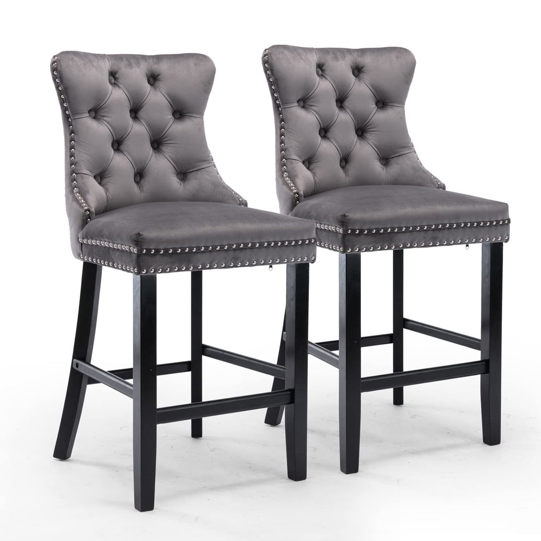2X Velvet Bar Stools with Studs Trim Wooden Legs Tufted Dining Chairs
