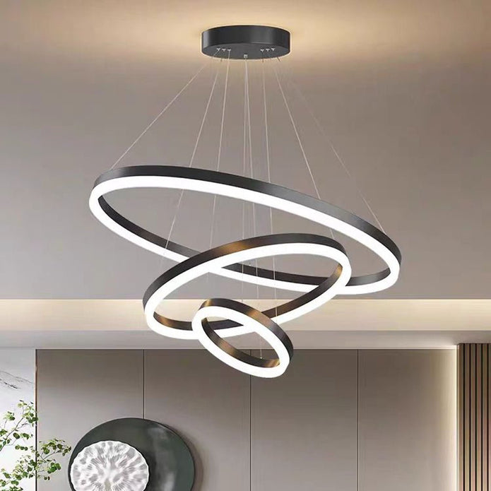 Black 3 Rings Minimalist LED Pendant Light Adjustable Circular Chandel