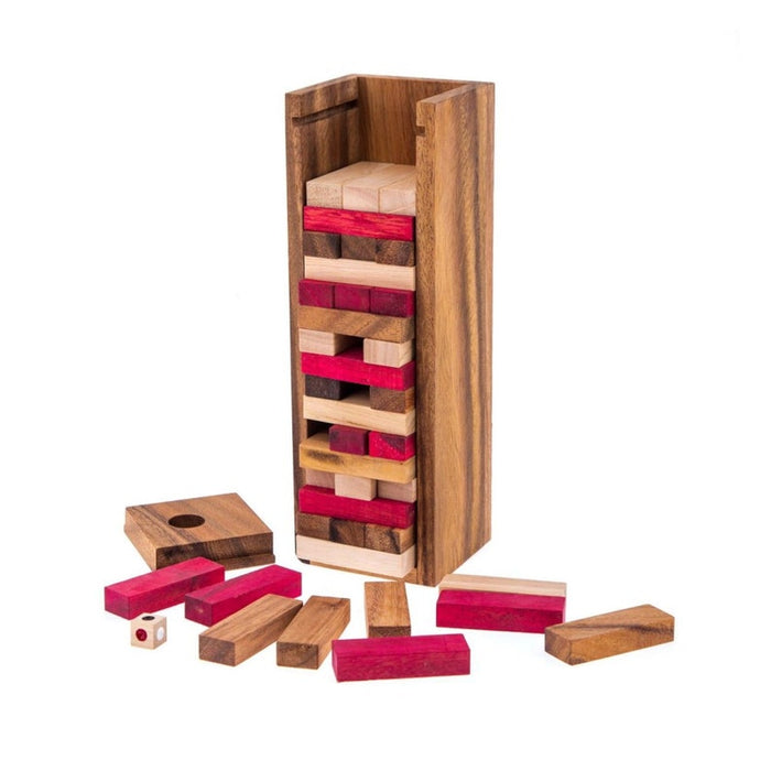 Stacking tumbling blocks wood Red colours balance game with dice play