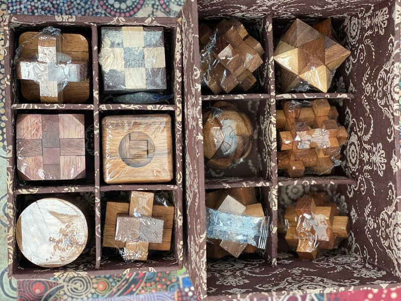 12 unique hand made wooden Puzzles in a Deluxe Gift Box Set-for kids o