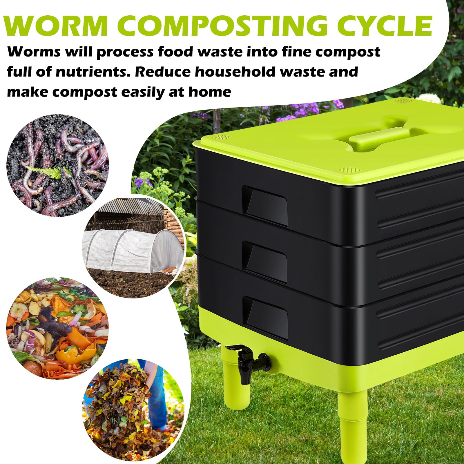60L Large Worm Farm 3 Trays Worm Composter Bins Composting System Worm