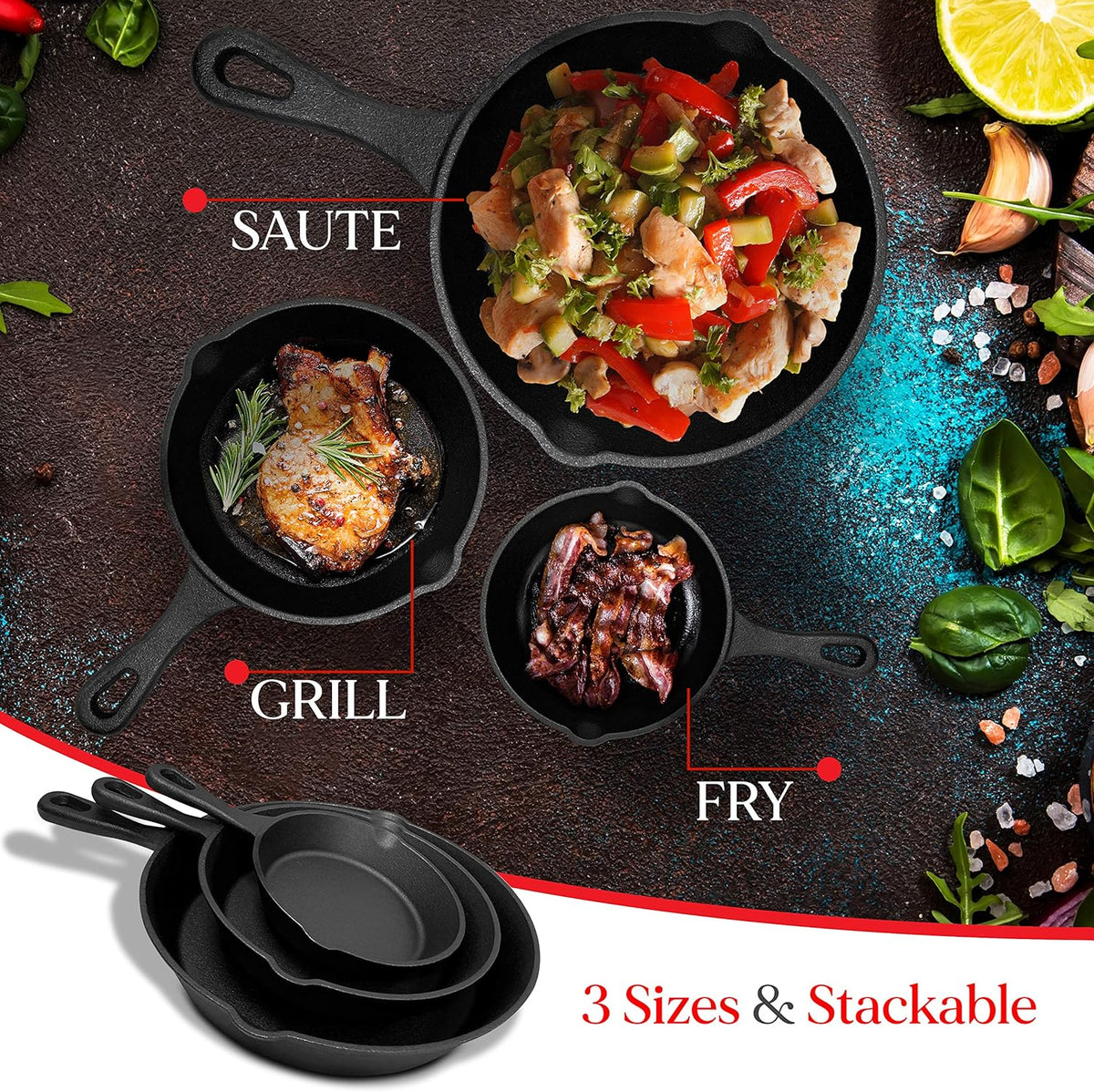 Cast Iron Skillet Cookware 3-Piece Set Chef Quality Pre-Seasoned Pan 1