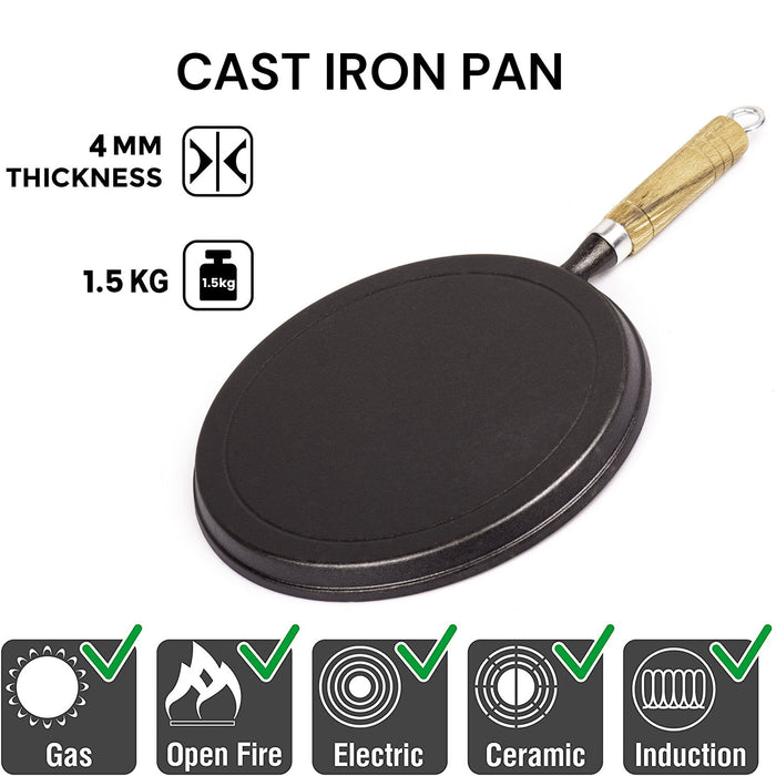 Pre-Seasoned 26cm Cast Iron Fry Pan Cookware Heat-Resistant Wooden Han