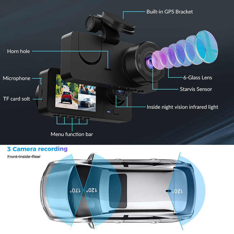 3 Channel Car DVR HD 1080P Vehicle Dash Cam Three Way Camera DVRs Reco