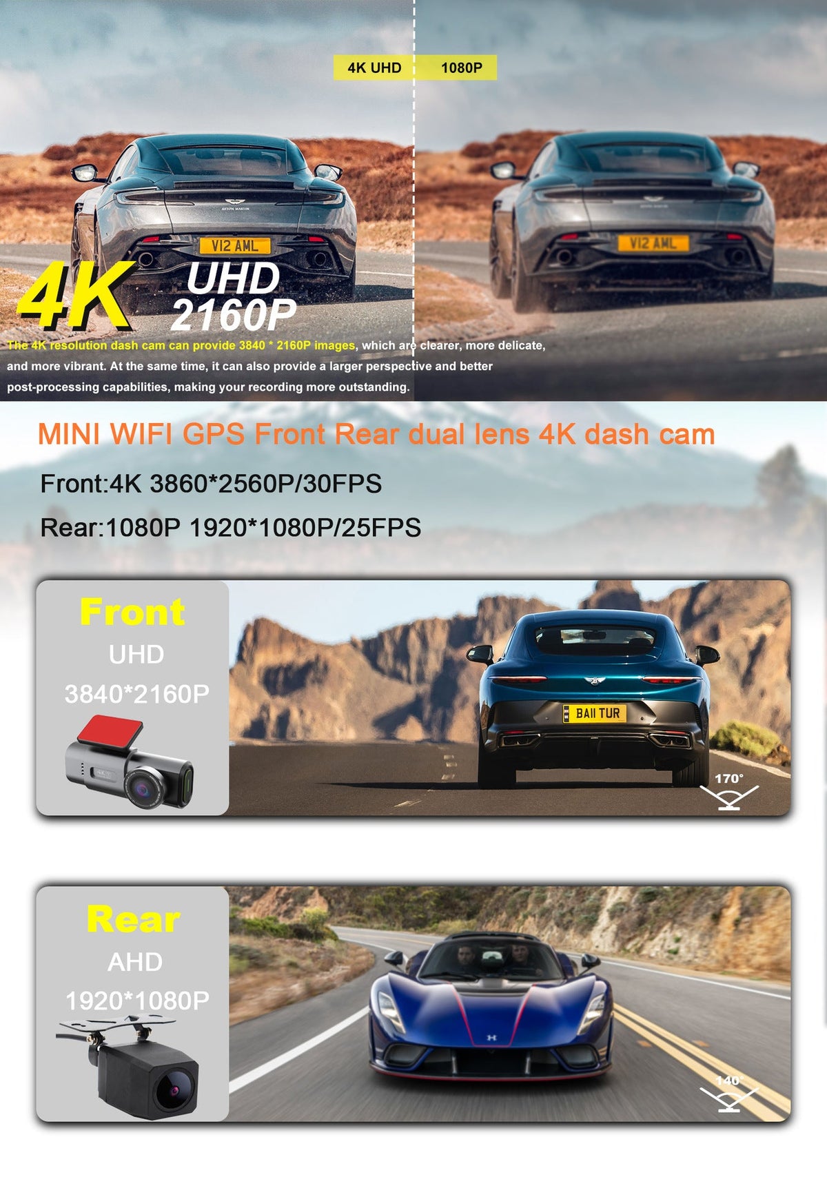 4K Dash Cam UHD 2160P WiFi Front Dashcam Night Vision Car Camera with