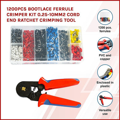1200Pcs Bootlace Ferrule Crimper kit 0.25-10mm2 Cord End Ratchet Crimp