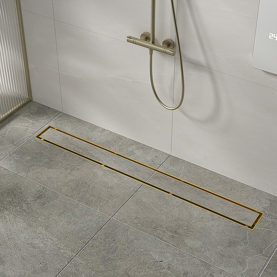900mm Tile Insert Bathroom Shower Brushed Brass Grate Drain w/ Centre