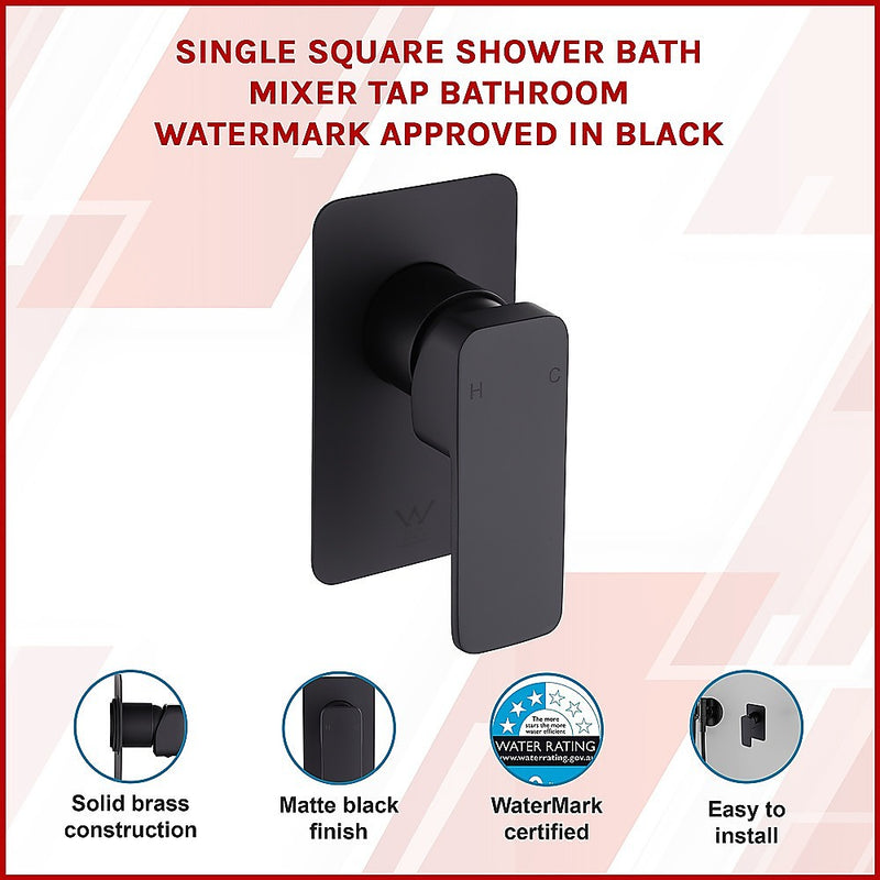 Single Square Shower Bath Mixer Tap Bathroom WATERMARK Approved in Bla