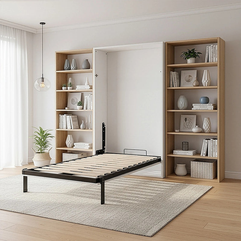 Single Wall Bed in White Gloss – Space Saving Murphy Bed Kit with Gold
