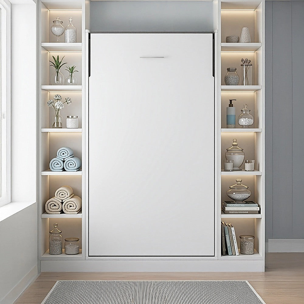 Single Wall Bed in White Gloss – Space Saving Murphy Bed Kit with Gold