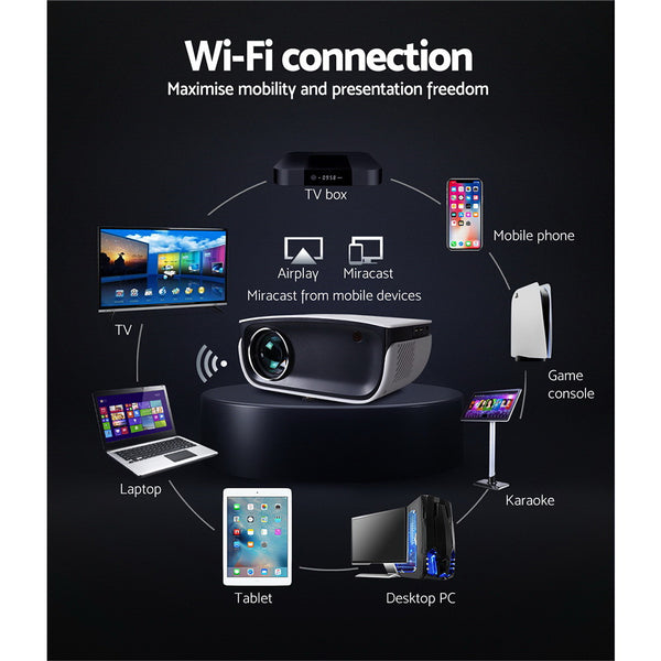 Devanti Portable Mini Video Projector 1080P Wifi Home Theater HDMI Whi