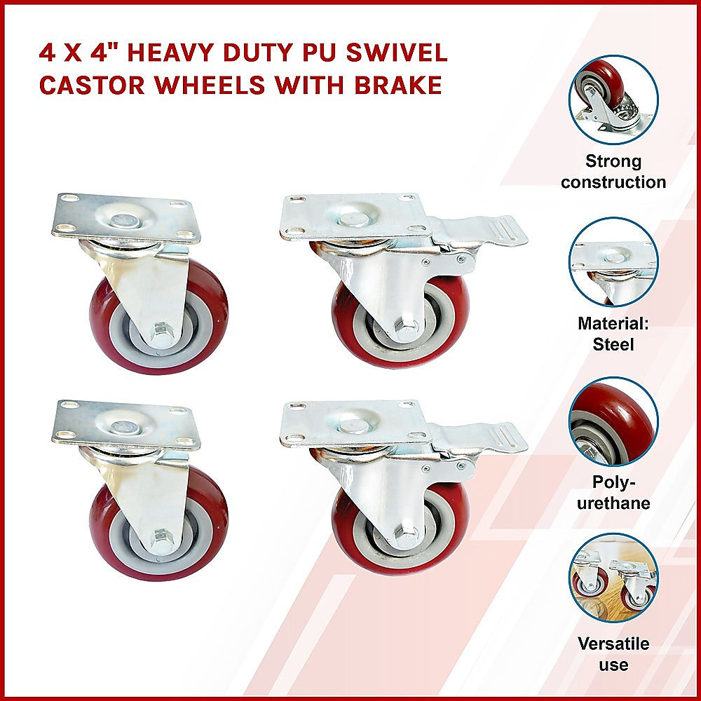 4 x 4" Heavy Duty PU Swivel Castor Wheels With Brake