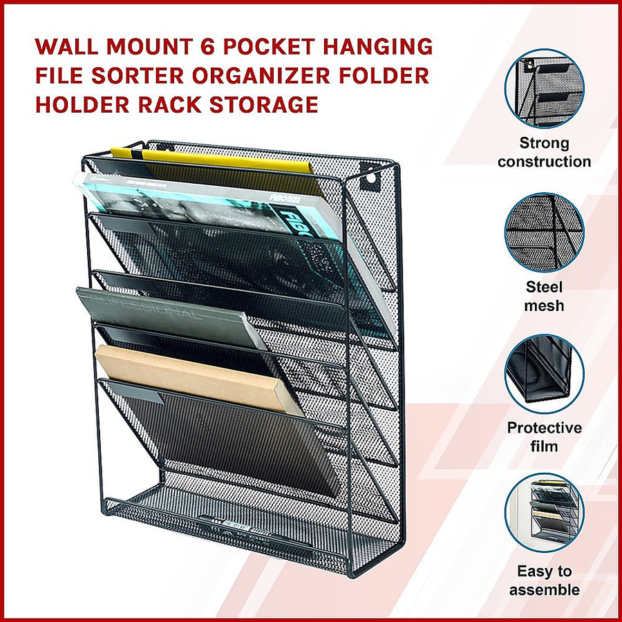Wall Mount 6 Pocket Hanging File Sorter Organizer Folder Holder Rack S
