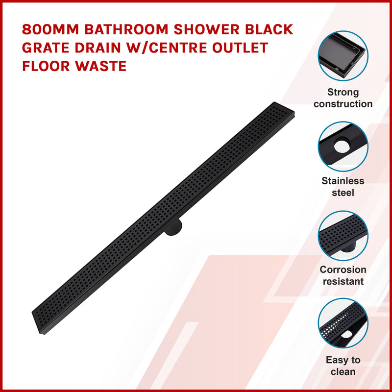 800mm Bathroom Shower Black Grate Drain w/Centre outlet Floor Waste ...