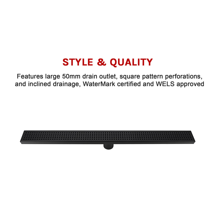 800mm Bathroom Shower Black Grate Drain w/Centre outlet Floor Waste