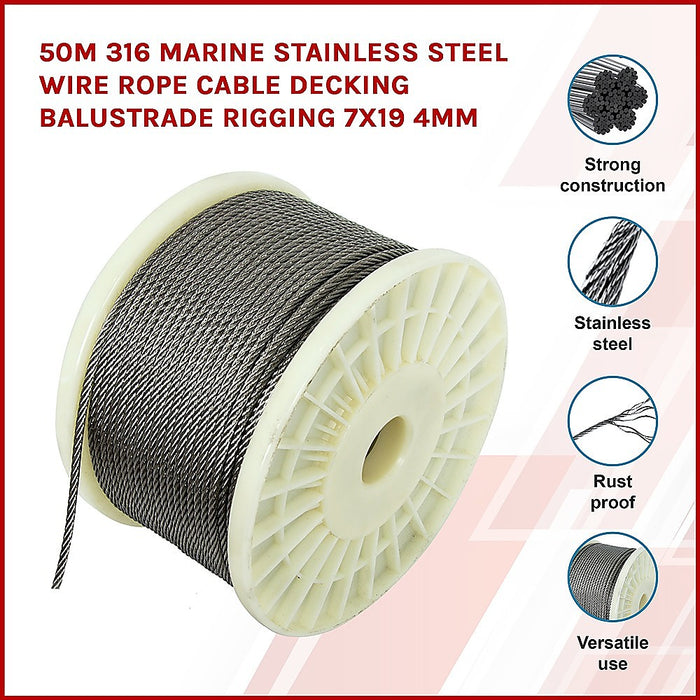 50M 316 Marine Stainless Steel Wire Rope Cable Decking Balustrade Rigg