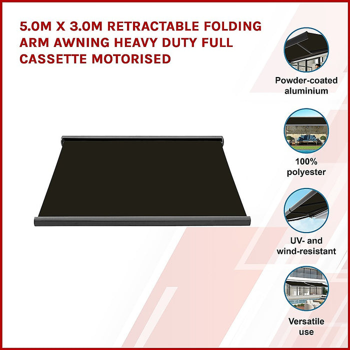 5.0m x 3.0m Retractable Folding Arm Awning Heavy Duty Full Cassette Mo